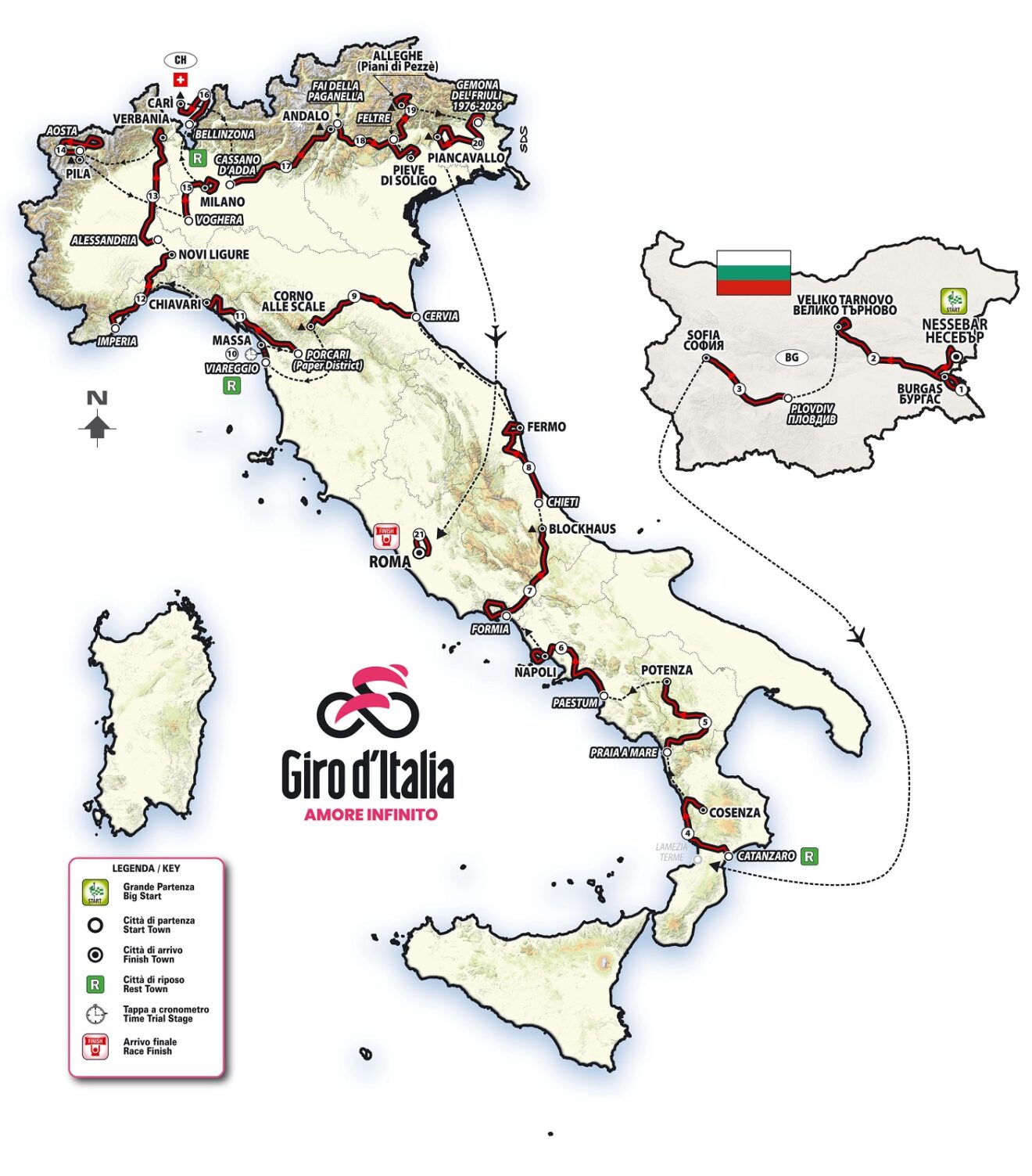 Percorso Giro d'Italia 2026, tutte le tappe (Altimetrie e Planimetrie ...